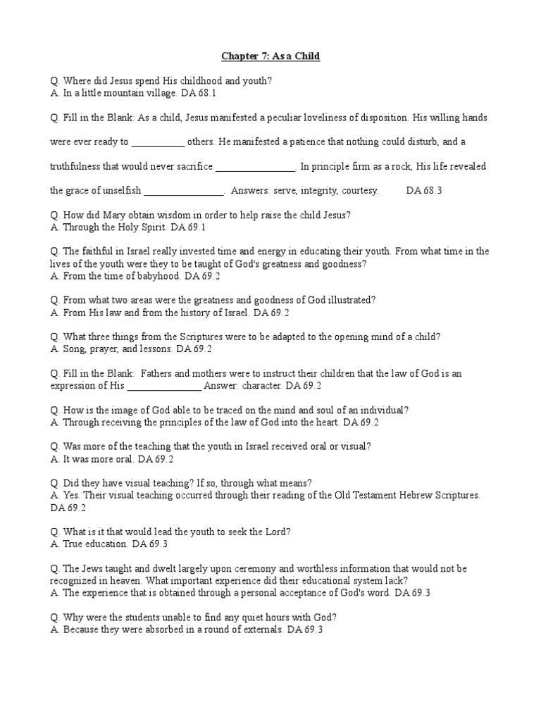 Chapter 7 As A Child Answer Sheet | PDF | Wisdom | Jesus