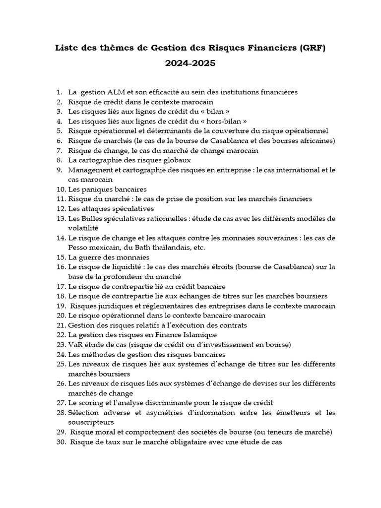 Liste Des Thã Mes Gestion Des Risques Financiers - 24 - 25 | PDF | Risque | Banques
