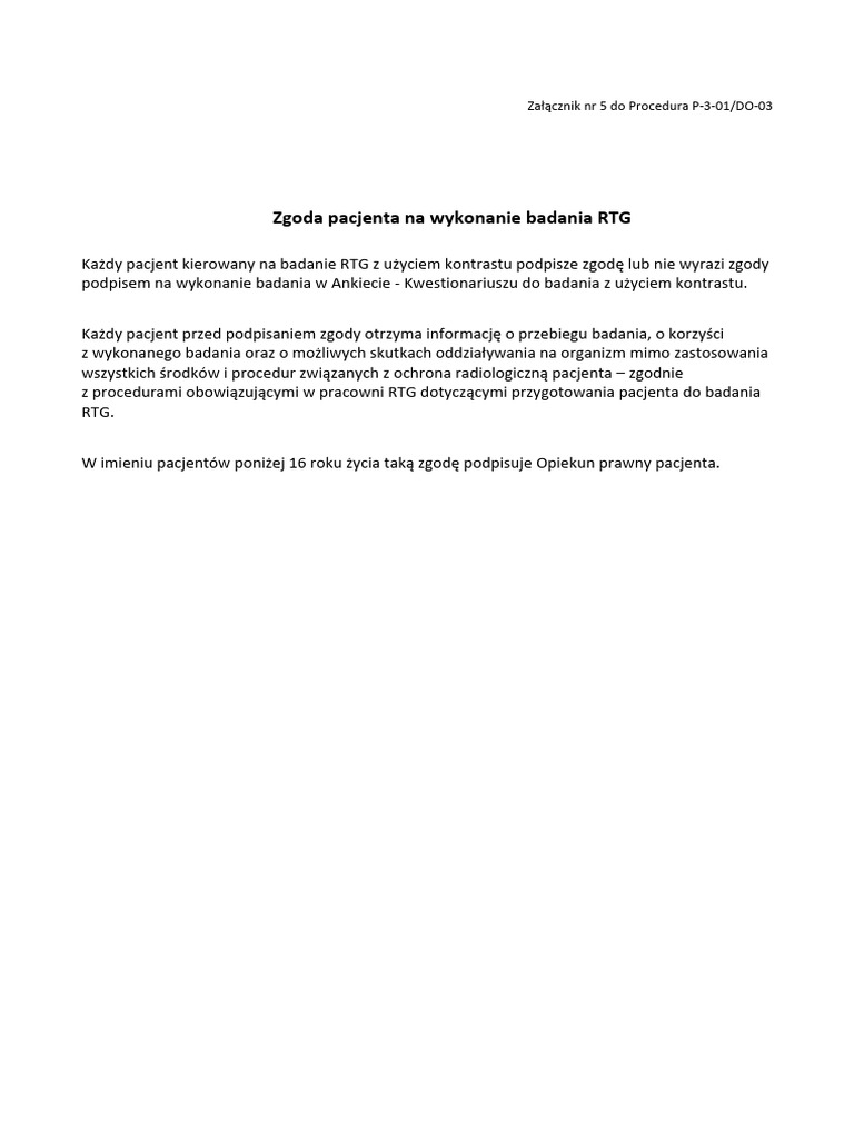 Zgoda Pacjenta Na Wykonanie Badania RTG | PDF