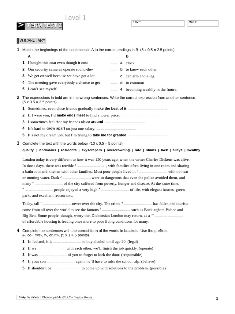 01MakeTheGrade1 TermTest2 Level1 | PDF