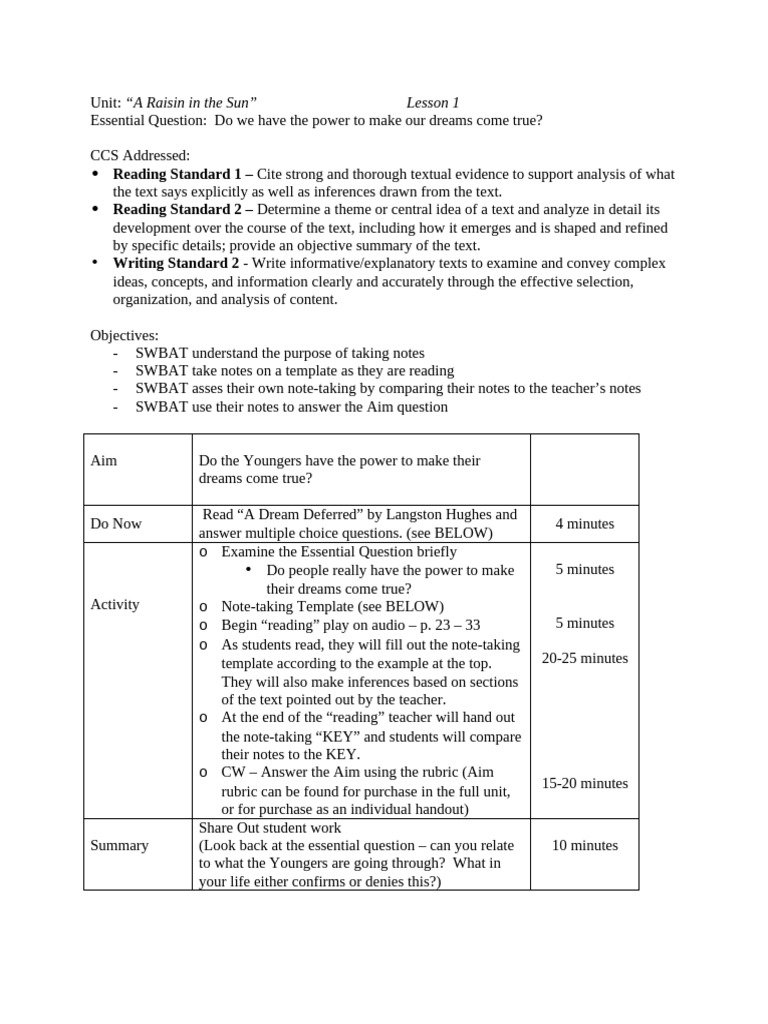 Reading Standard 1 - Reading Standard 2 - : "A Raisin in The Sun ...