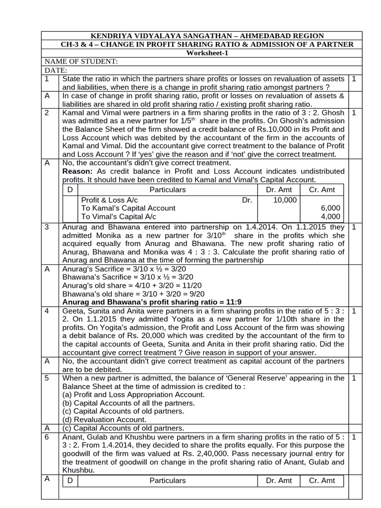 Xii-Acc-psr and Adm-Ws With Ans | PDF | Debits And Credits | Goodwill ...
