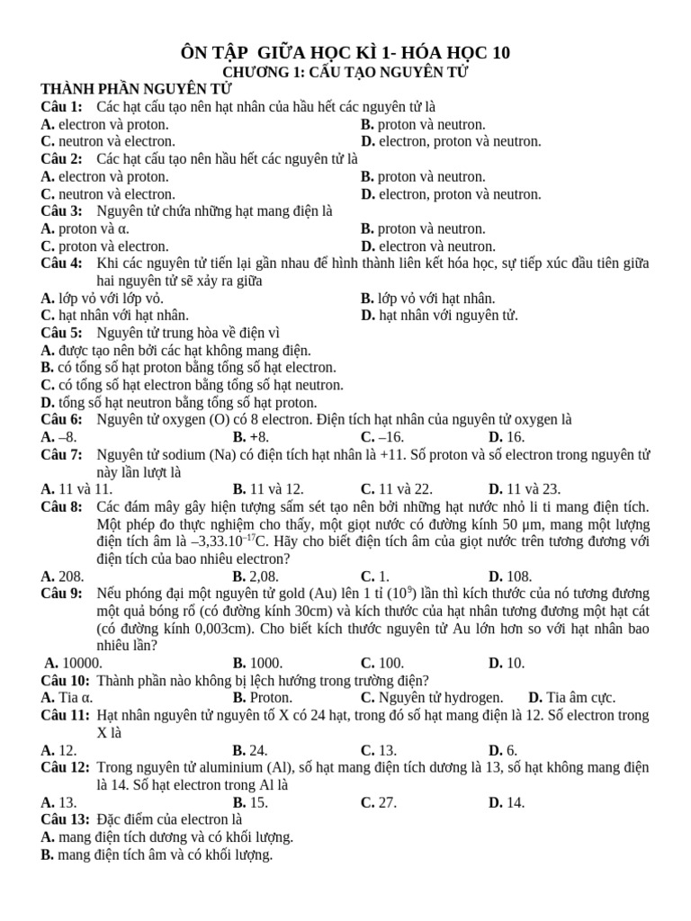 Đề Cương Giữa HK1 Hóa 10 | PDF