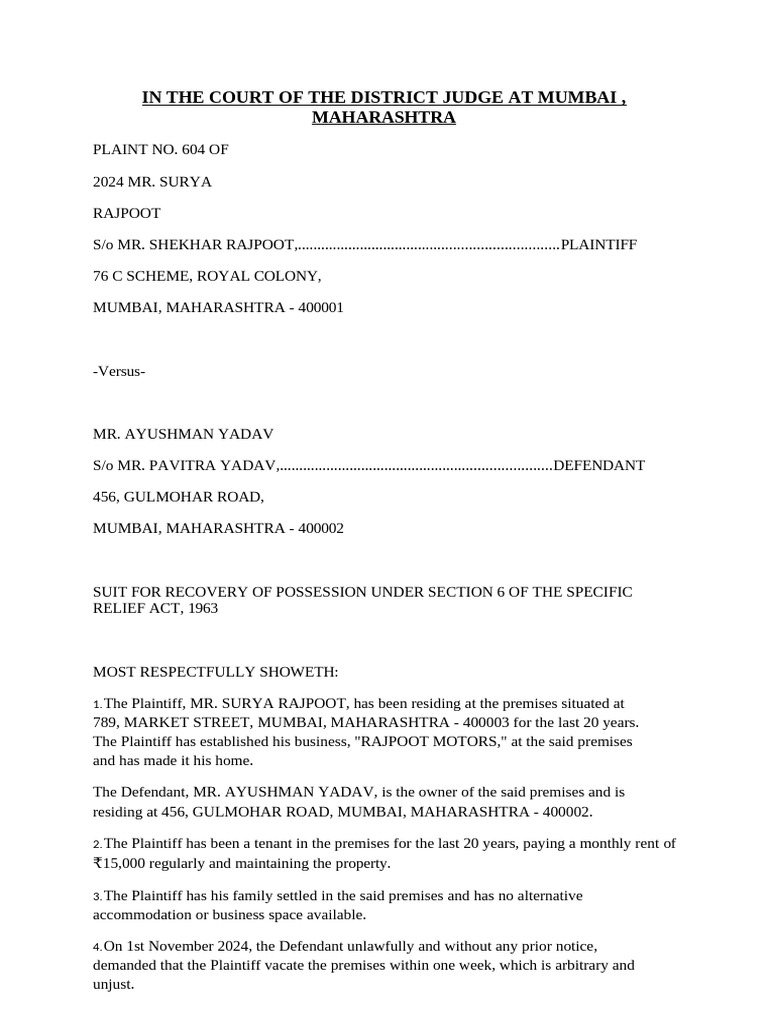 Specfic Relief Draft DPC LAW | PDF | Lawsuit | Eviction