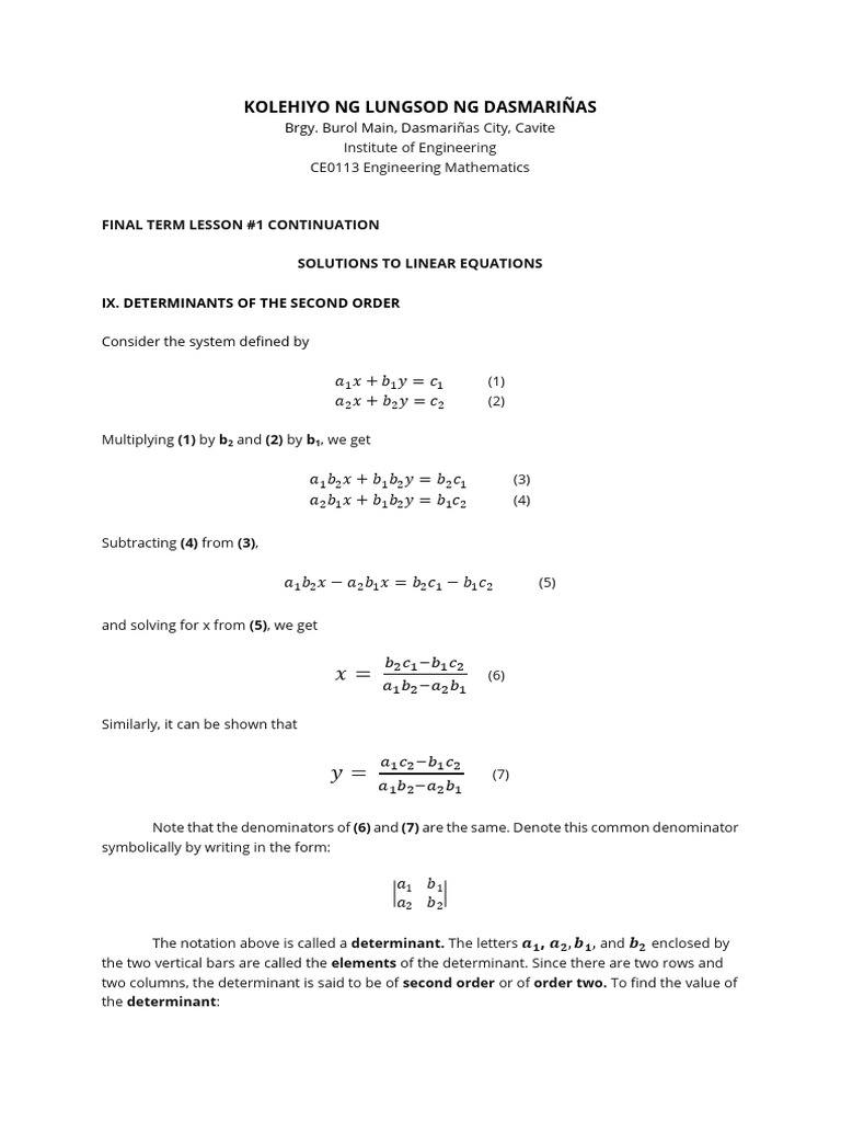 Final Term Lesson #1 Engineering Mathematics - Continuation | PDF | Determinant | Matrix Theory