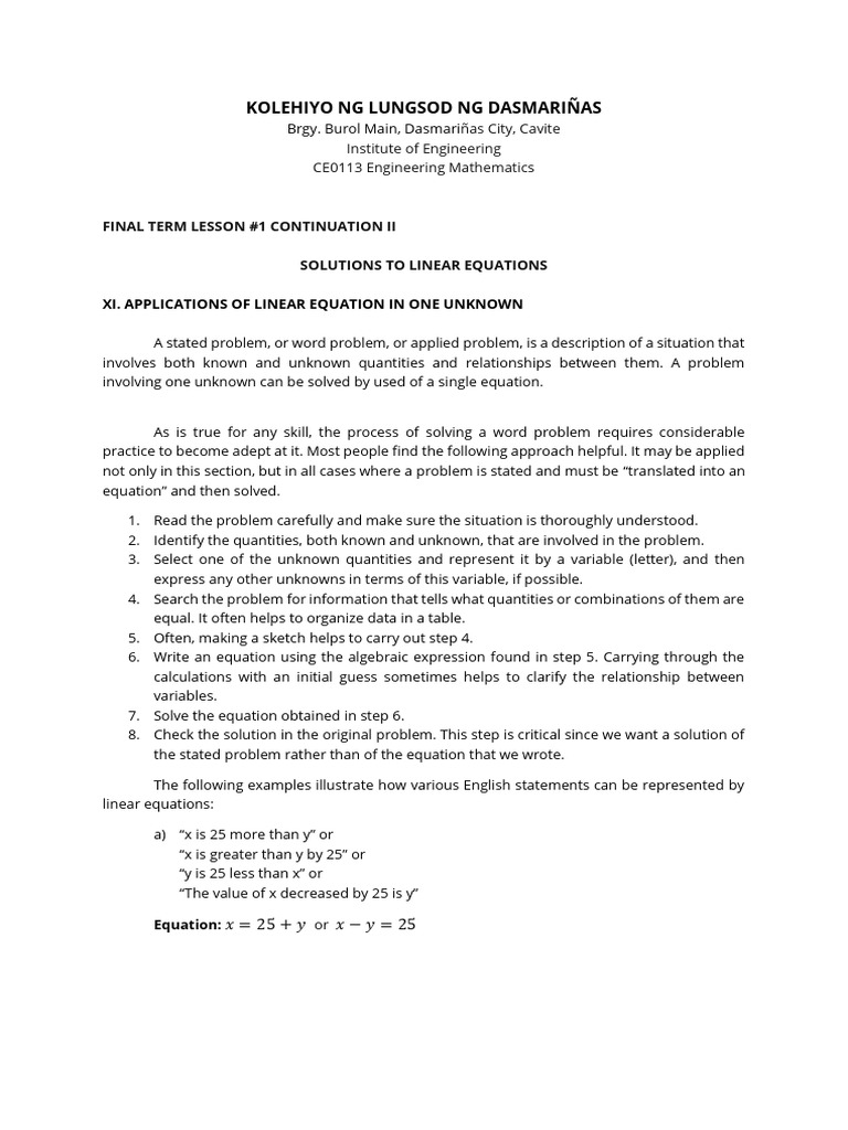 Final Term Lesson #1 Engineering Mathematics - Continuation II | PDF | Equations | Length