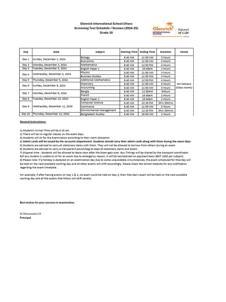 Grade 10 Screening Test Schedule 202425 | PDF