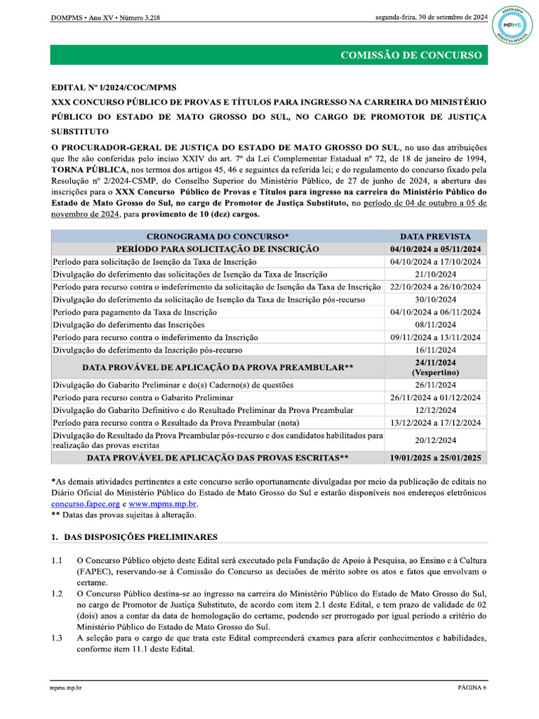 Edital #1.2024 - Edital de Abertura - DOMPMS - 3218 | PDF