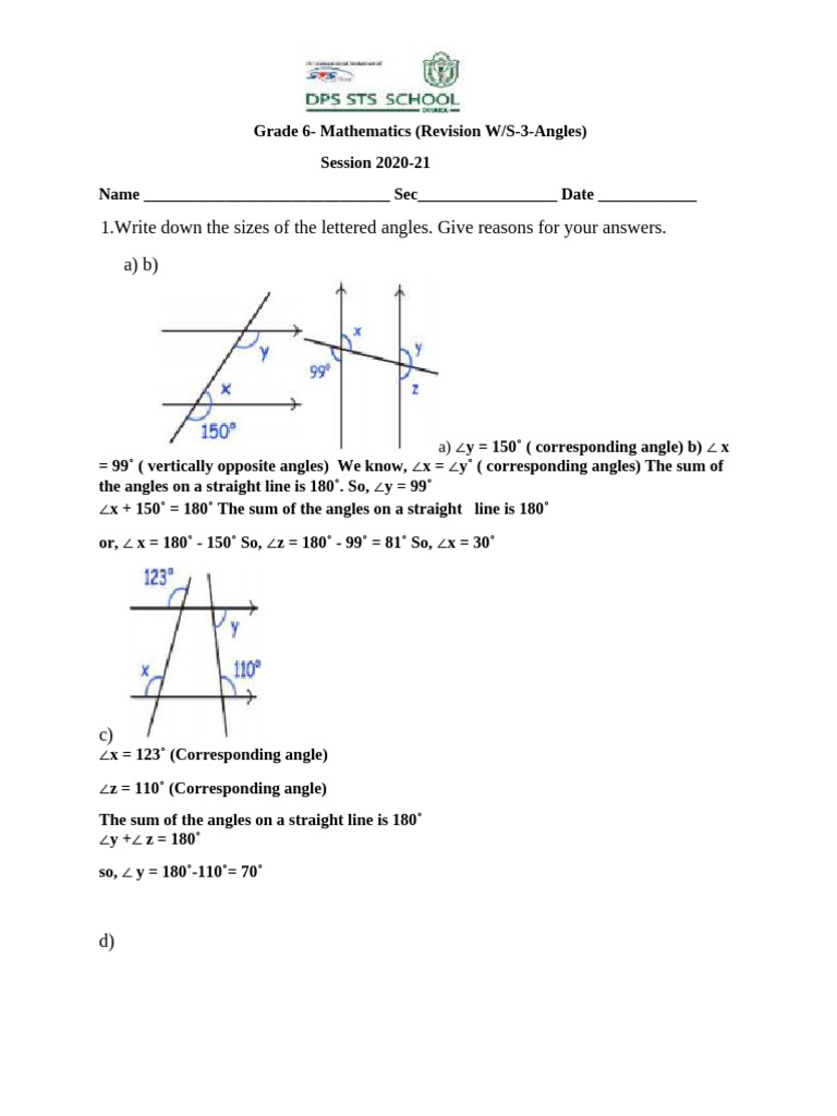 Grade 6 Angles Revision Worksheet | PDF