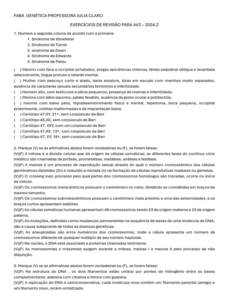 Faba Genética Exercícios Av2 2024 2 | PDF | DNA | Cromossomo
