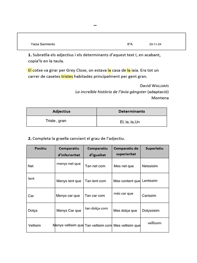VALENCIA 6e SA2 Adjectius I Determinants | PDF