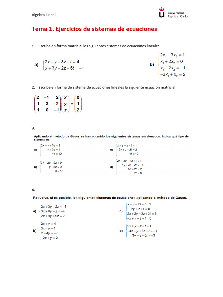 Tema1 Ejercicios Sistemas Ecuaciones | PDF