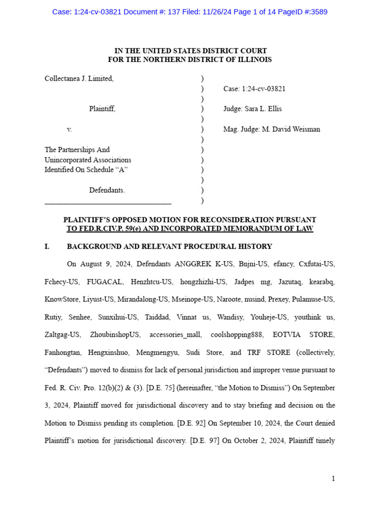 Collectanea J. Limited v. Schedule A - Motion For Reconsideration | PDF | Trademark | Discovery ...