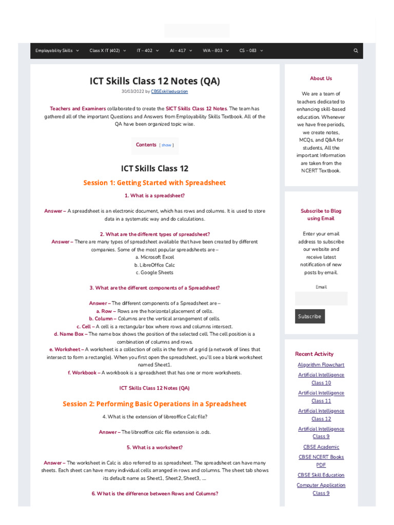 Cbseskilleducation Com Ict Skills Class 12 Notes | PDF | Spreadsheet ...