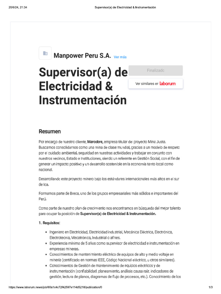 Manpower Supervisor Electricista Marcobre | PDF