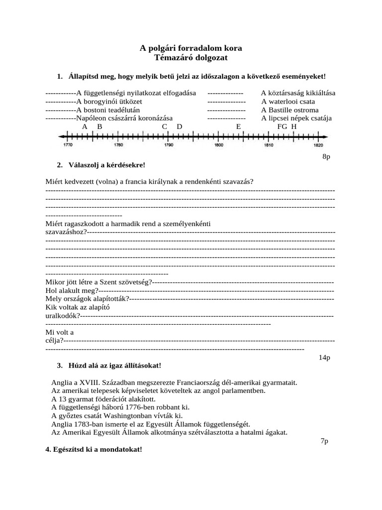 A Polgári Forradalom Kora Témazáró Dolgozat 7.0. | PDF