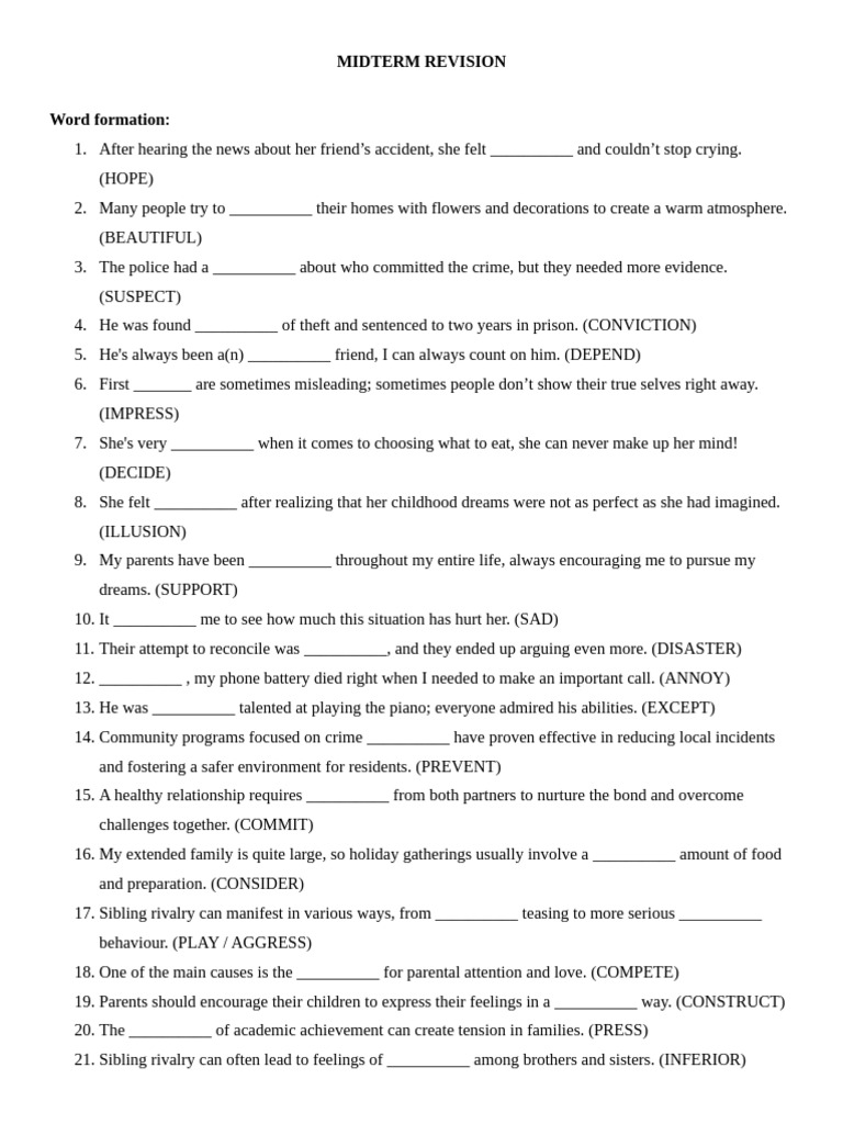 Midterm Revision: Word Formation Exercises | PDF | Social Psychology