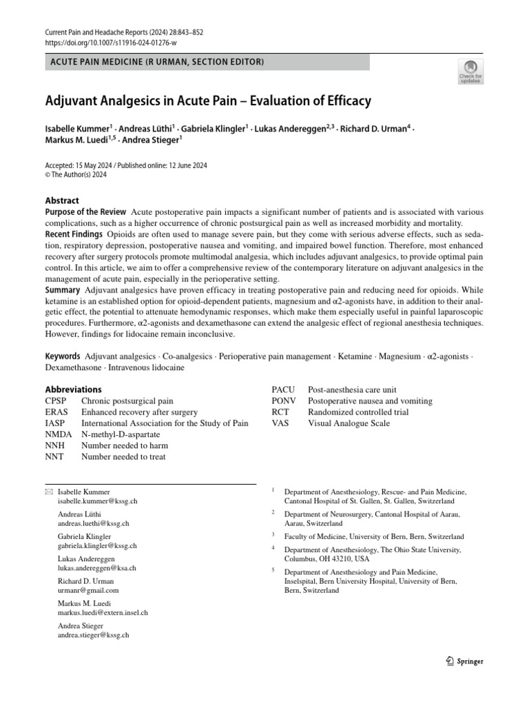 Adjuvant Analgesics in Acute Pain - Evaluation of Efficacy | PDF ...