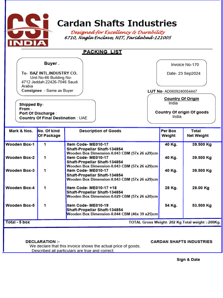 Packing List For Export Baz Steel | PDF