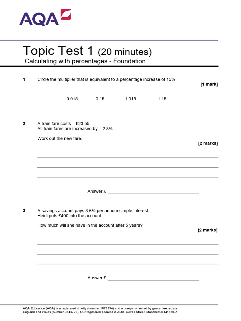 Percentage Calculations Topic Test | PDF | Business | Economies