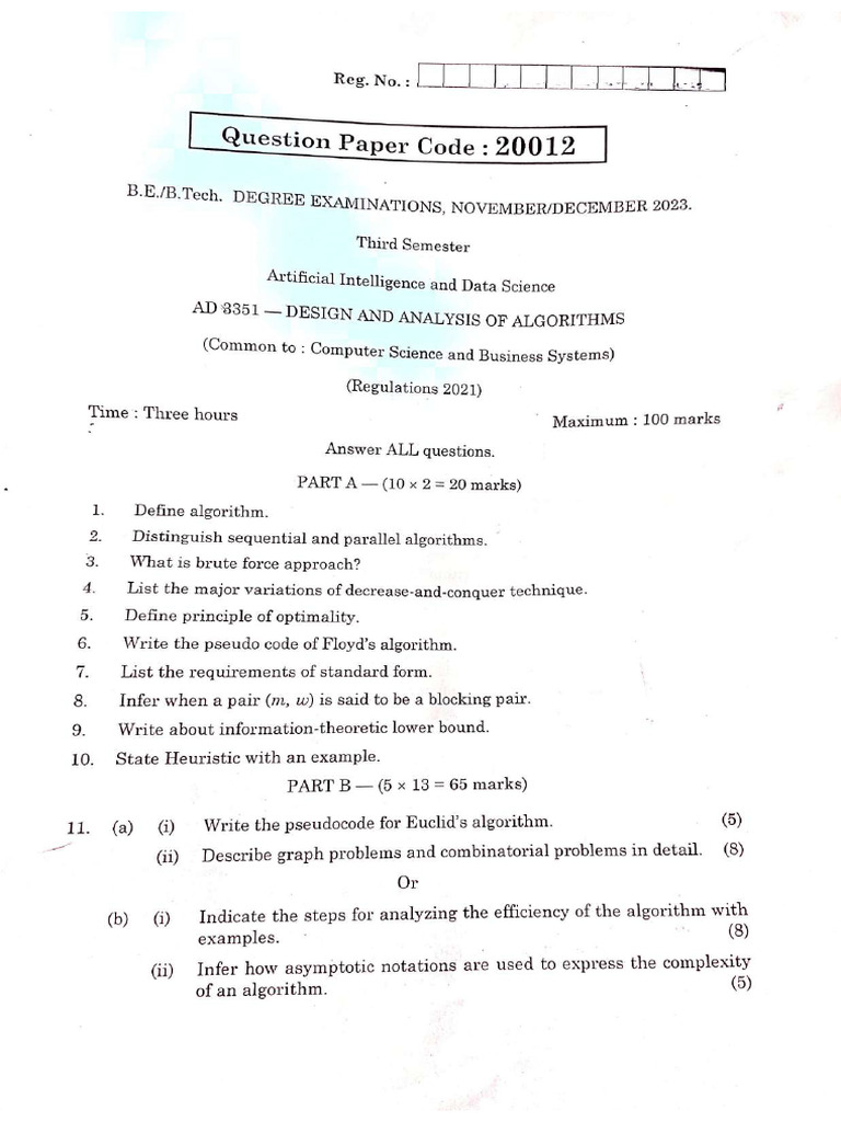 Design and Analysis of Algorithms - AD3351 2021 Regulation - Question ...
