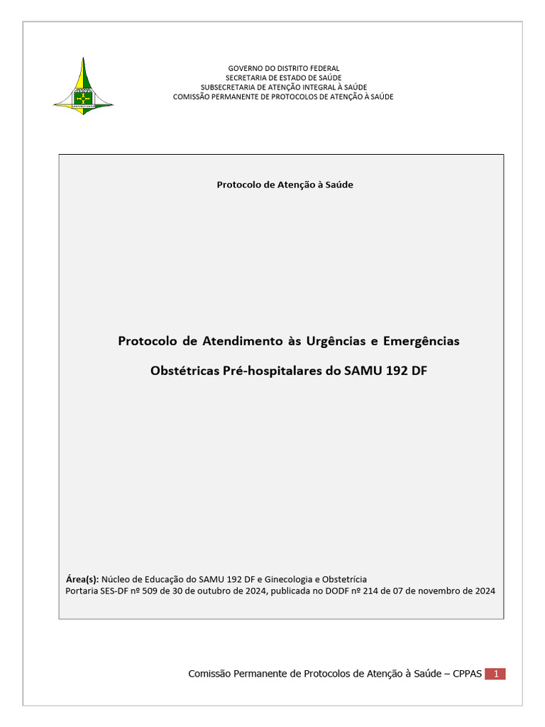 Protocolo de Atendimento A Urgencias e Emergencias Obstetricas Pre Hospitalares Do SAMU DF-1 ...