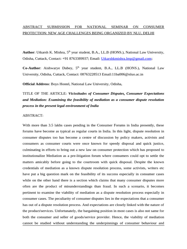 Abstract Submission For National Seminar On Consumer Protection | PDF ...