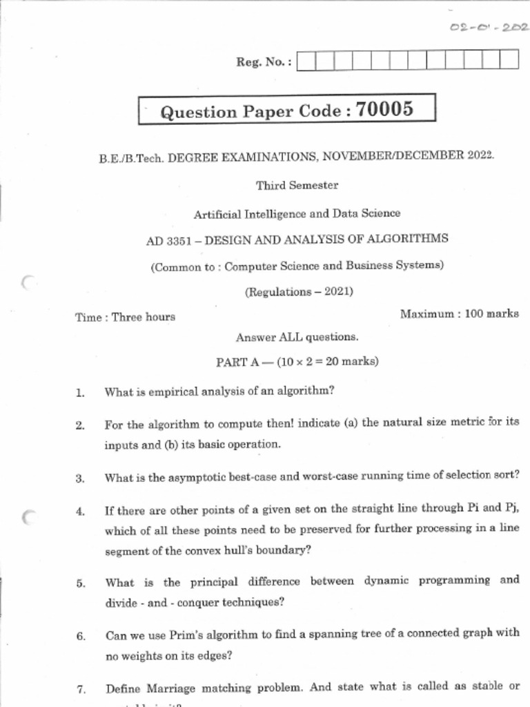 Design and Analysis of Algorithms - AD3351 2021 Regulation - Question ...