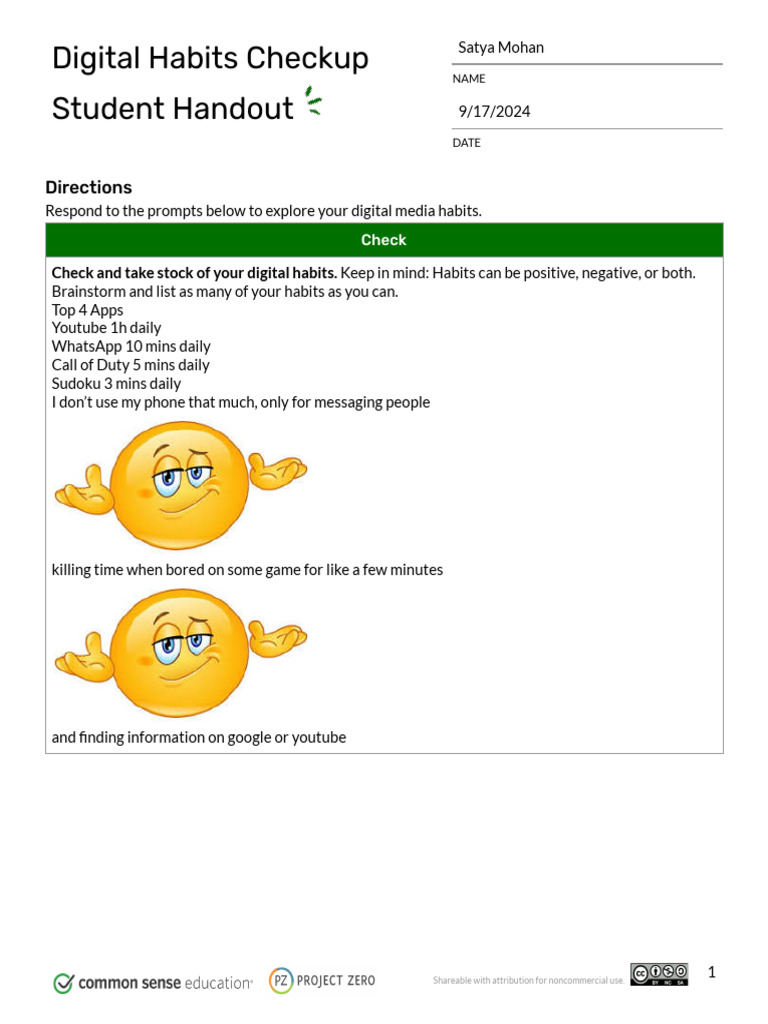 Digital Habits Checkup - Student Handout | PDF