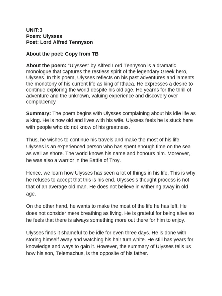 Sem1 Unit3 Summaries (Poem&prose) | PDF | Odysseus