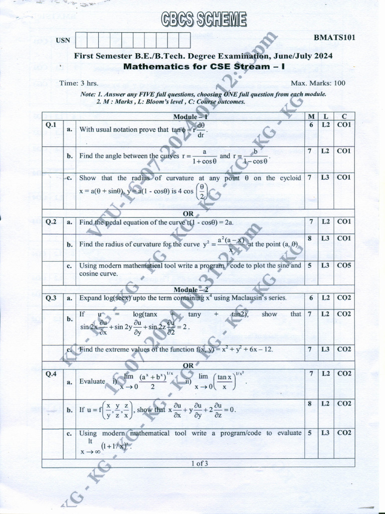 Maths Model Paers ..Jun (Sem - 1 2024) | PDF | Eigenvalues And ...