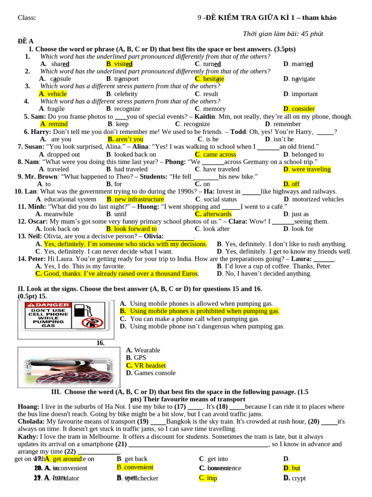 KHỐI 9 - ĐỀ A ANH KT GKI (24 - 25) - ĐÁP ÁN | PDF