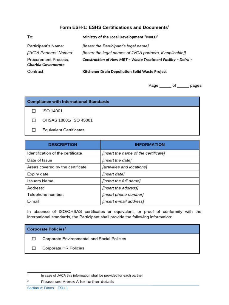 V - PP5 - Forms - ESH-1 ESHS Certifications and Documents | PDF ...