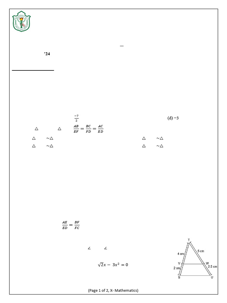 Maths, Class X, Solution of Mathematics W.T Dated 9 Aug, 2024 | PDF ...