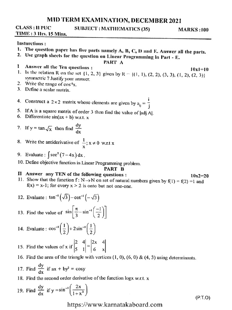 Puc 2 Mid Term Mathematics 35 Dec 2021 | PDF