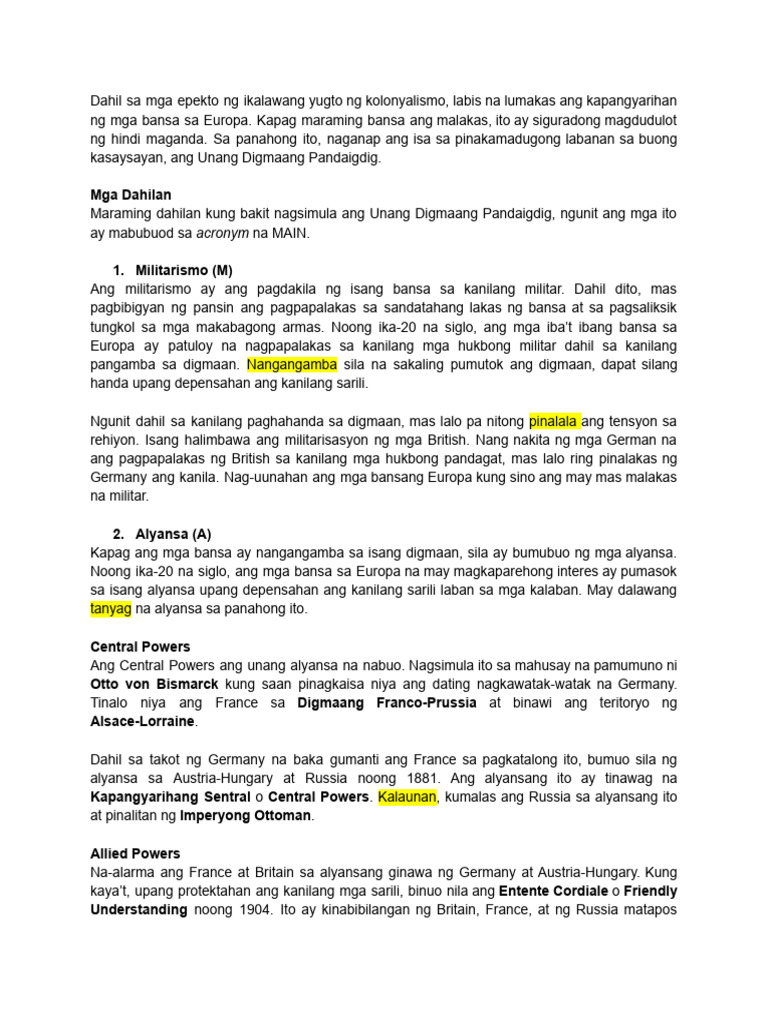 Unang Digmaang Pandaigdig Content Notes | PDF