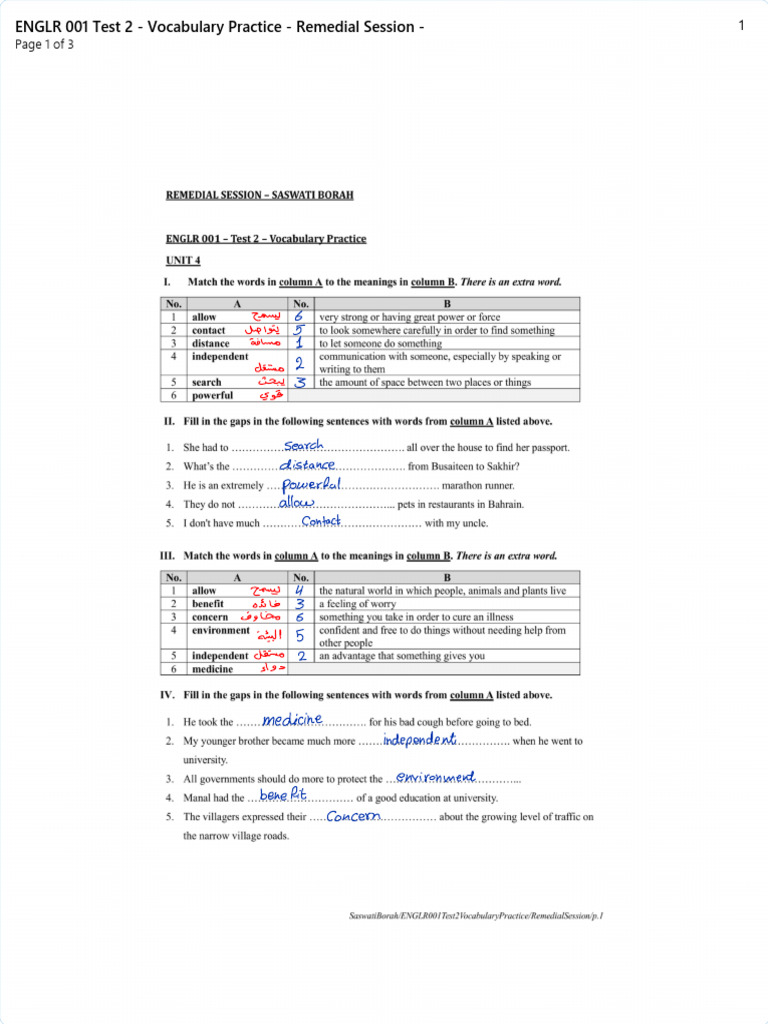 ENGLR 001 Test 2 - Vocabulary Practice - Remedial Session | PDF