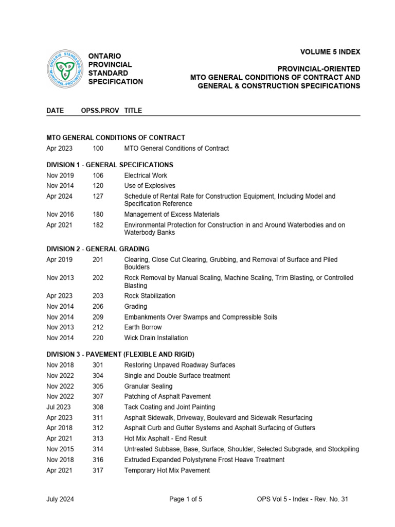 Ontario Provincial Standard Specification Index | PDF | Road Surface ...