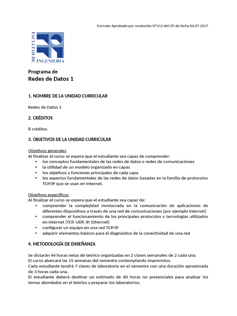 Programa Redes de Datos 1 | PDF | Red de computadoras | Protocolos de ...