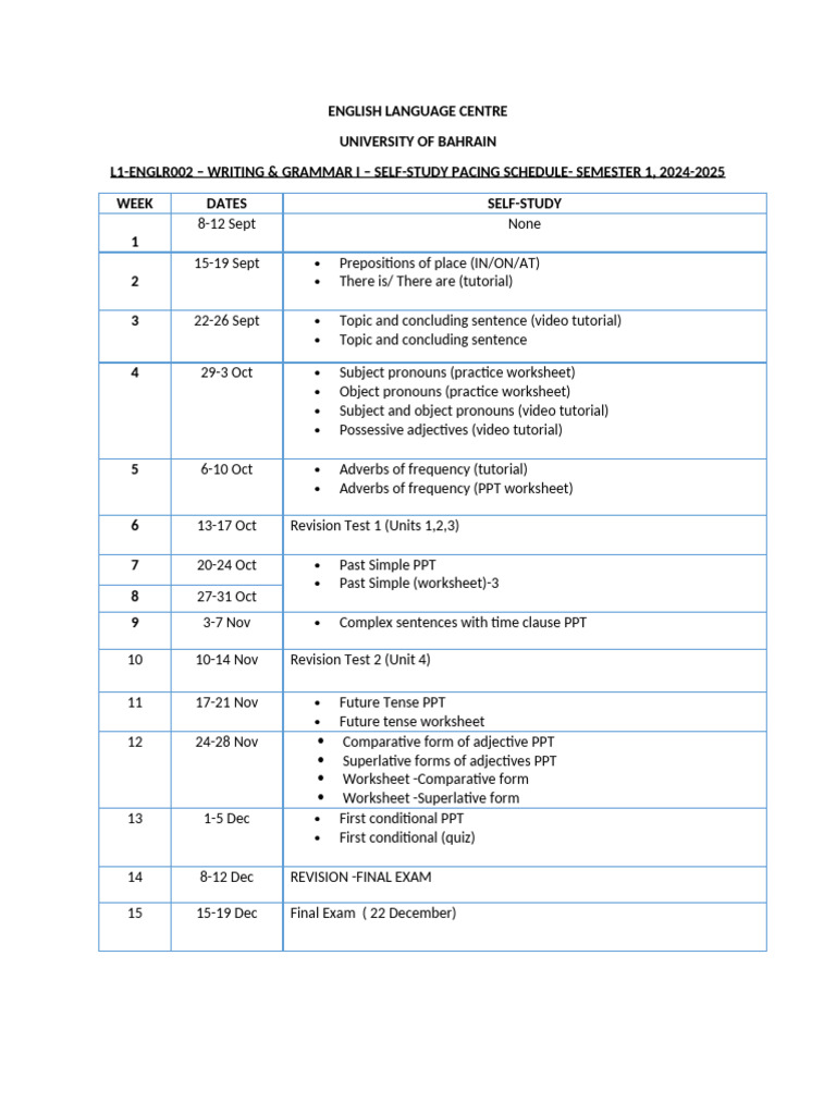 Englr 002 Self Study Pacing Schedule 2024-2025 Sem 1 | PDF