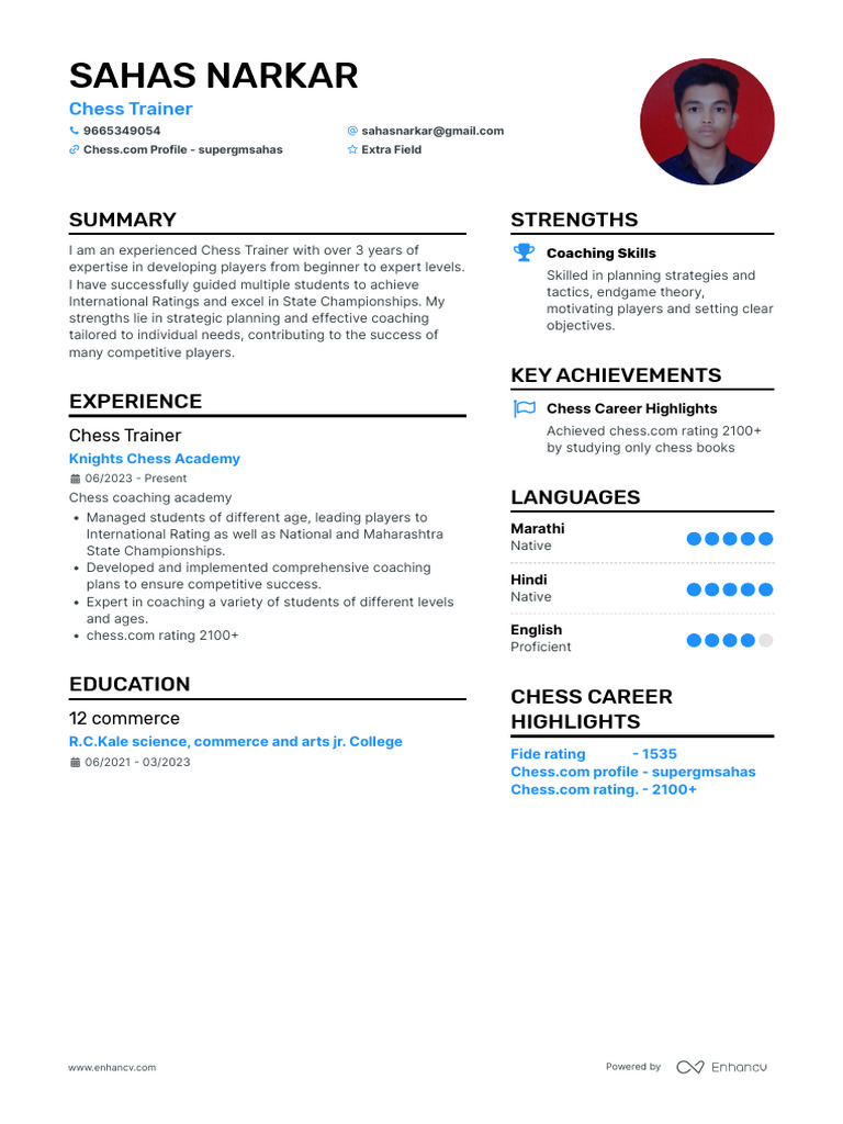 Sahas Narkar Resume | PDF | Chess | Board Games