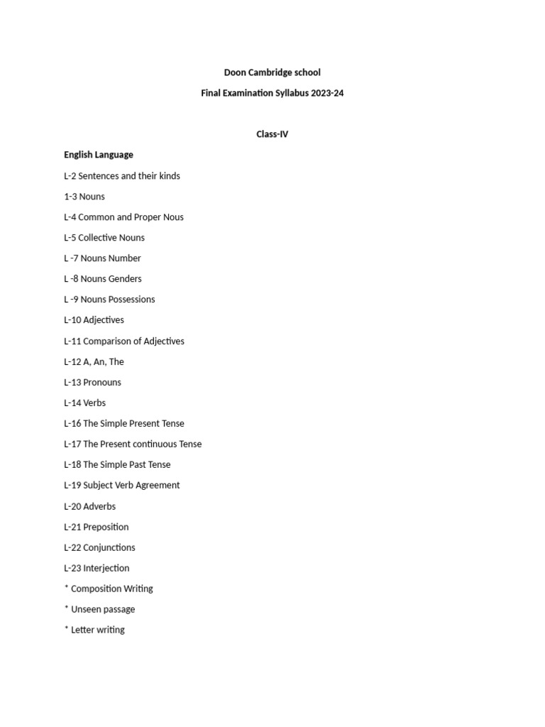 Class IV Final Exam Syllabus 2023-24 | PDF