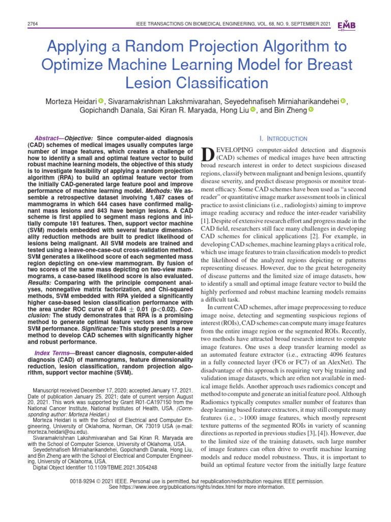 Applying A Random Projection Algorithm To Optimize Machine Learning Model For Breast Lesion ...