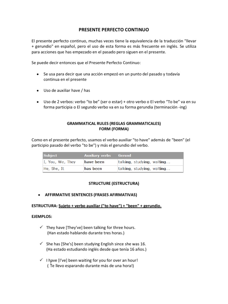 Presente Perfecto Continuo | PDF | Verbo | Conjugación gramatical