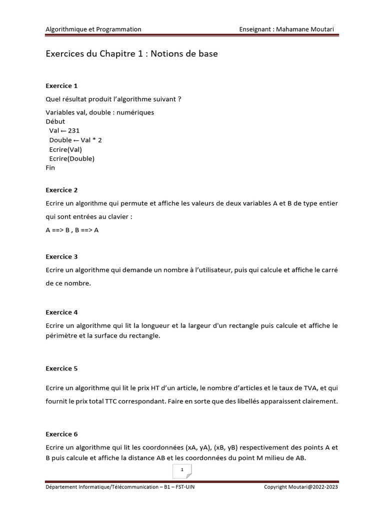 Exercices Du Chapitre 1-Notions de Base | PDF | Arithmétique | Mathématiques