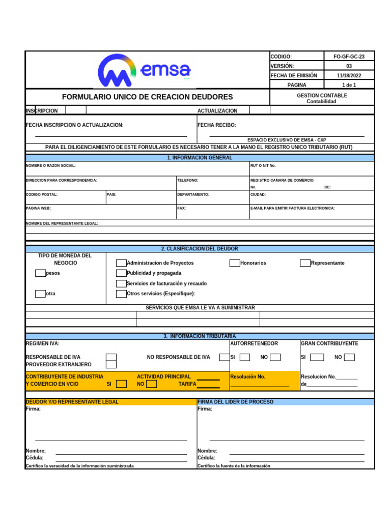 Formulario de Creación de Deudores EMSA | PDF | Industrias de servicio