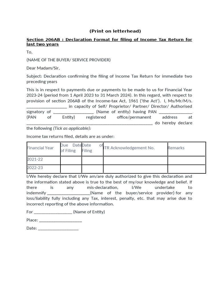 Section 206AB Declaration Format TDS N | PDF