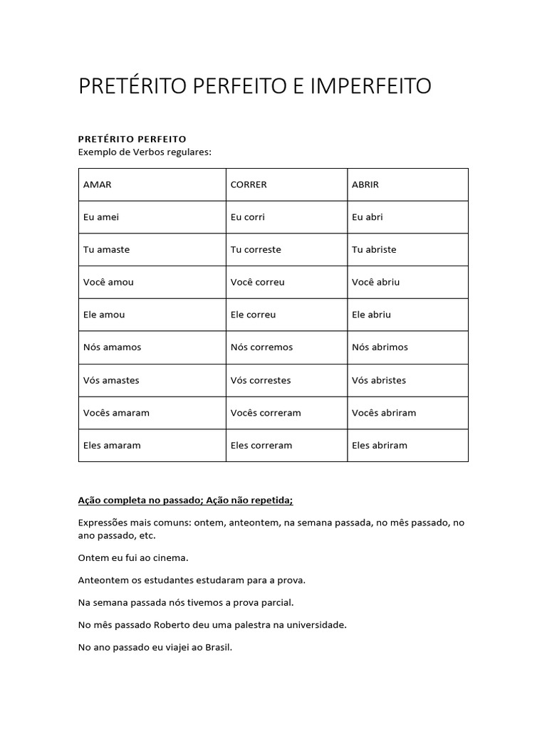 Exercícios de Pretérito Perfeito e Imperfeito | PDF