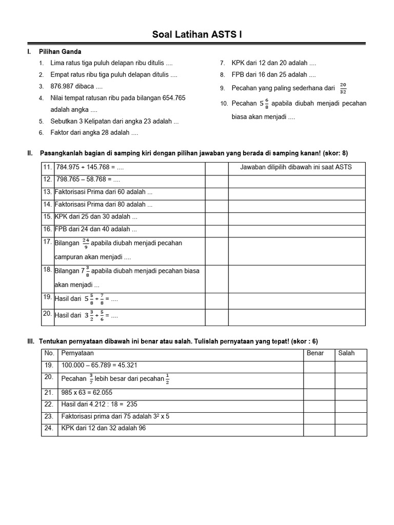 Soal Latihan ASTS Kelas 5 2024-2025 | PDF