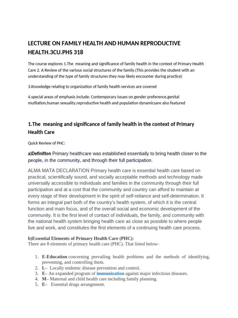 Family Health and Reproductive Health Overview | PDF | Family | Family ...